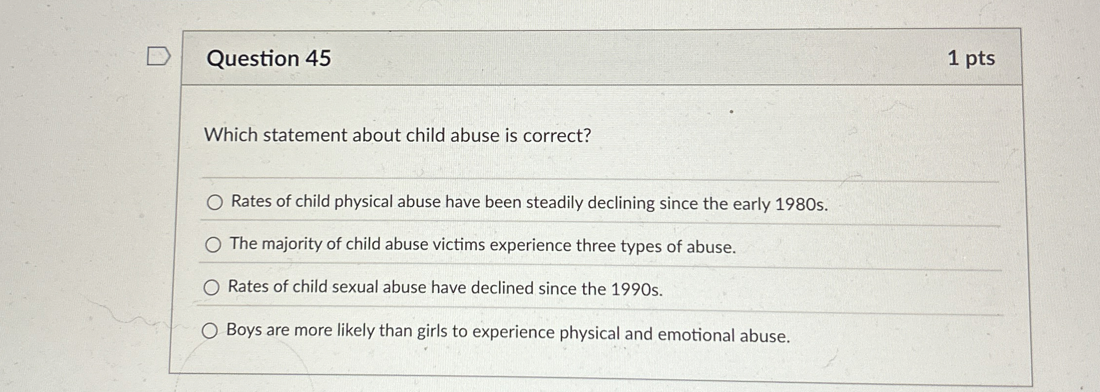 Solved Question 451 ﻿ptsWhich statement about child abuse is | Chegg.com
