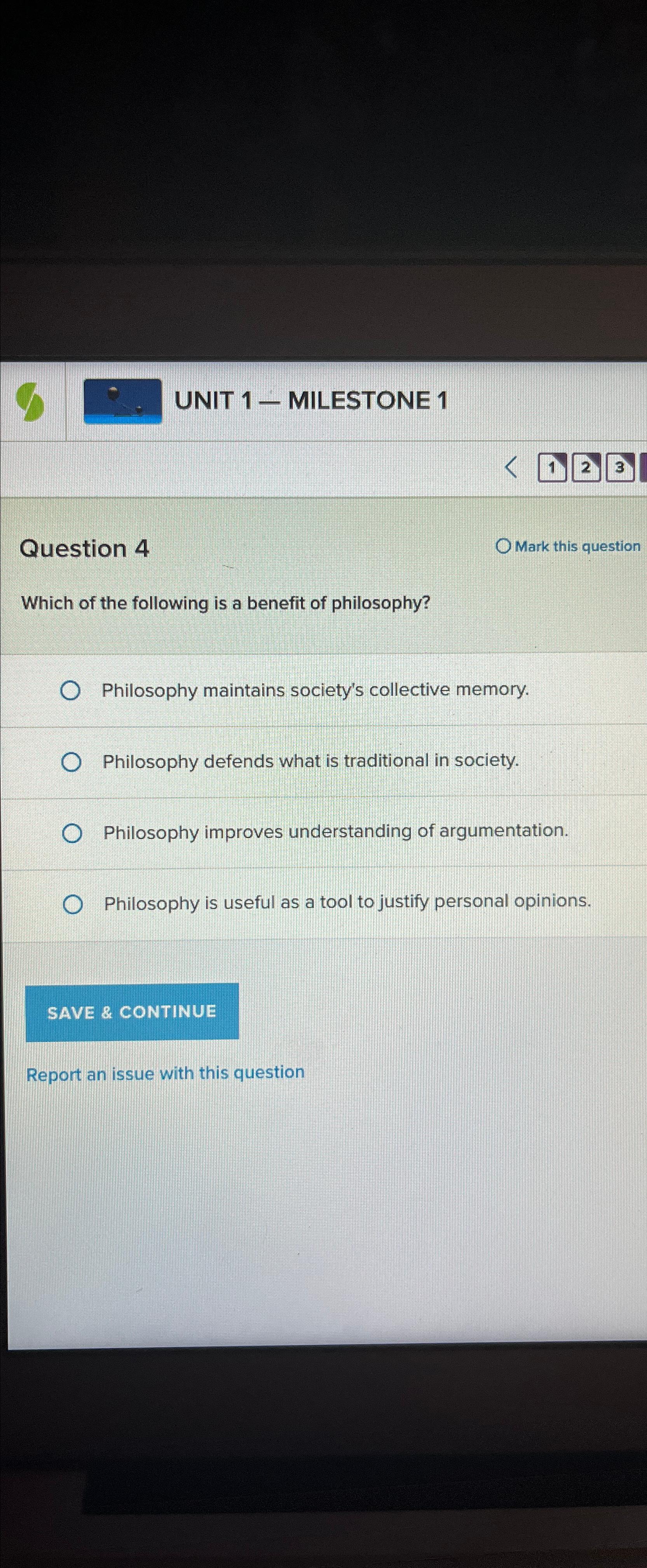Solved UNIT 1 - ﻿MILESTONE 1Question 4Mark this | Chegg.com