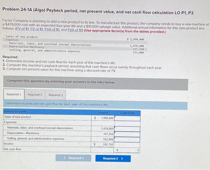 Solved Problem 24-1A (Algo) Payback period, net present | Chegg.com