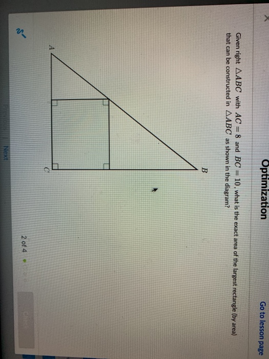 Solved Optimization Go to lesson page Given right AABC with | Chegg.com