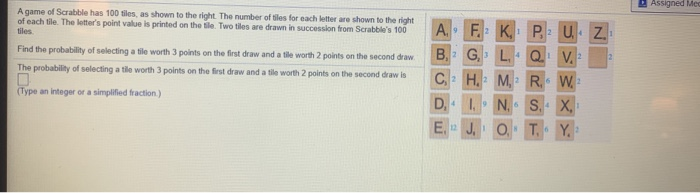 Solved A game of Scrabble has 100 tiles, shown to the right | Chegg.com