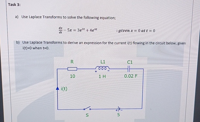 Solved Task 3:a) ﻿Use Laplace Transforms to solve the | Chegg.com