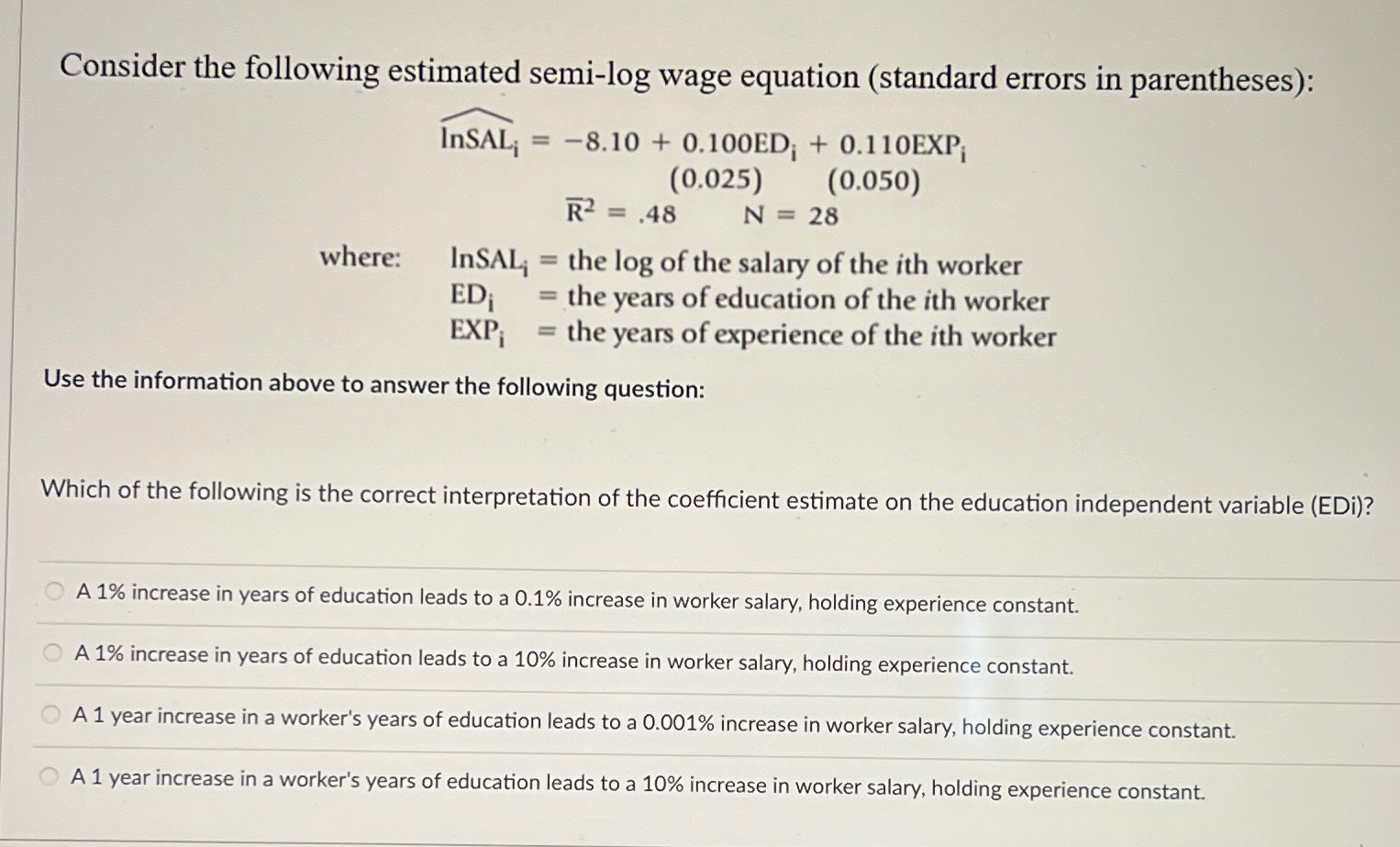 Solved Consider the following estimated semi-log wage | Chegg.com