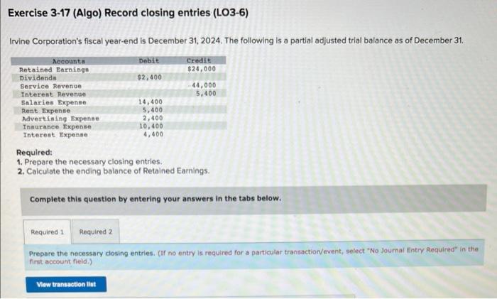 Solved Exercise 3 17 Algo Record Closing Entries Lo3 6