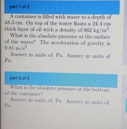 Solved part 1 ﻿of 2A container is filled with water to a | Chegg.com