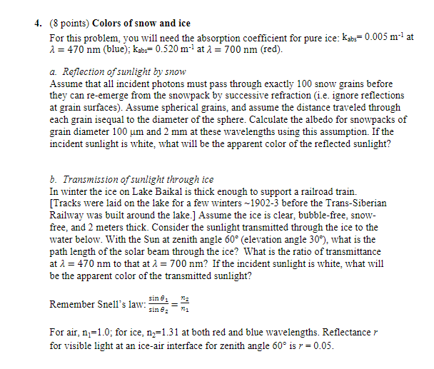 Solved (8 ﻿points) ﻿Colors of snow and iceFor this problem, | Chegg.com