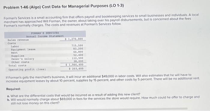 Solved Problem 1.46 (Algo) Cost Data for Managerial Purposes | Chegg.com