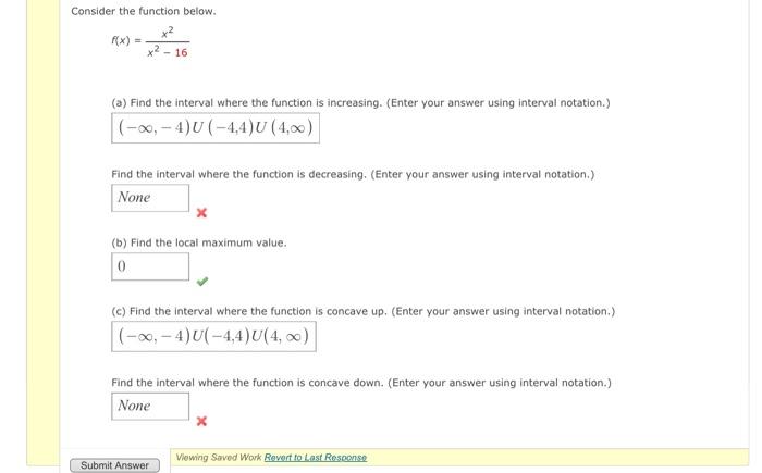 Solved Consider the function below. f(x)=x2−16x2 (a) Find | Chegg.com