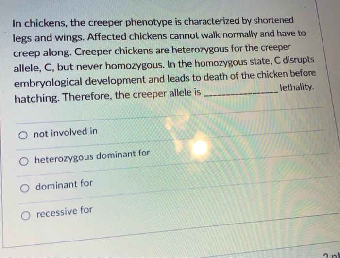 Solved In chickens, the creeper phenotype is characterized | Chegg.com