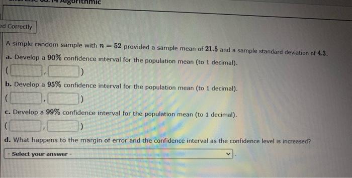 Solved A simple random sample with n=52 provided a sample | Chegg.com