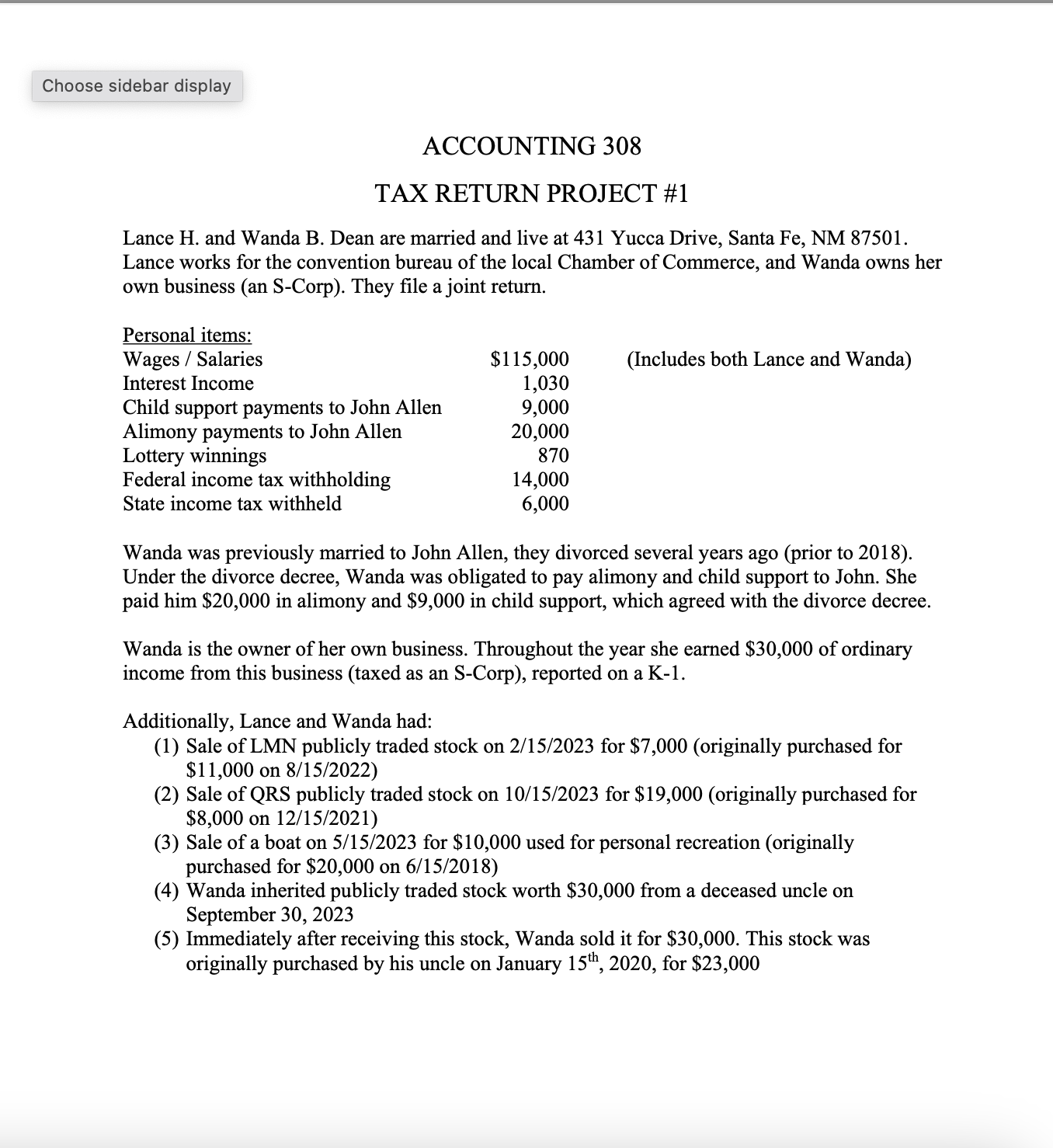 Create a 1040 ﻿and Schedule 1 ﻿for the | Chegg.com