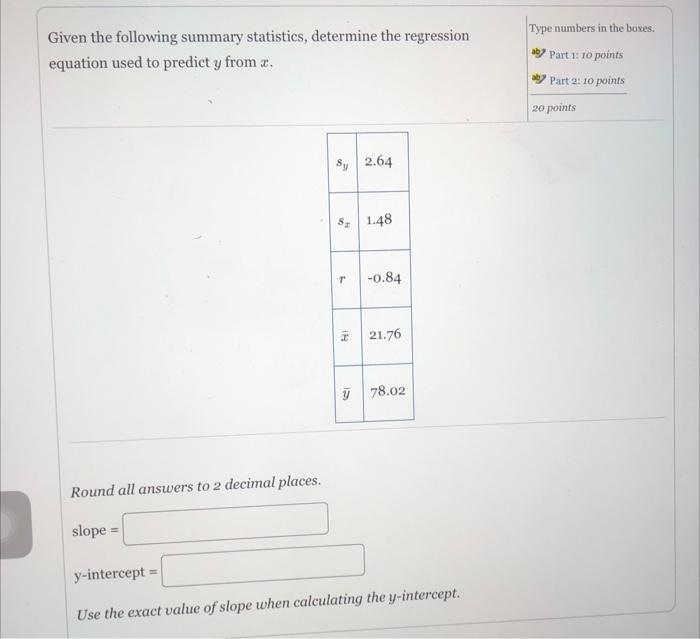 Solved Given the following summary statistics, determine the | Chegg.com
