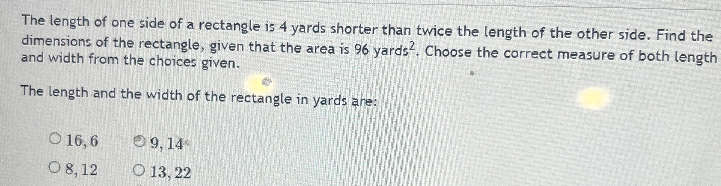 Solved The length of one side of a rectangle is 4 ﻿yards | Chegg.com