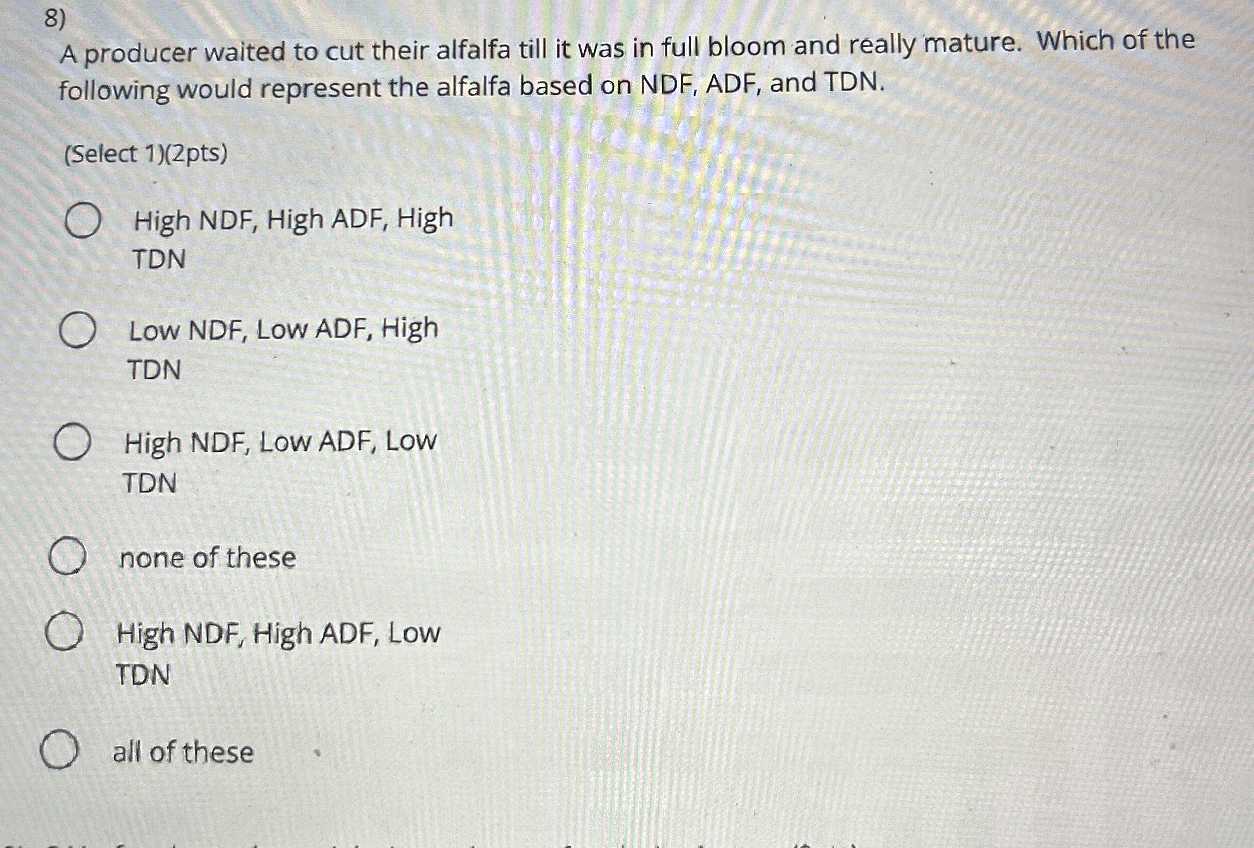 Solved A producer waited to cut their alfalfa till it was in | Chegg.com