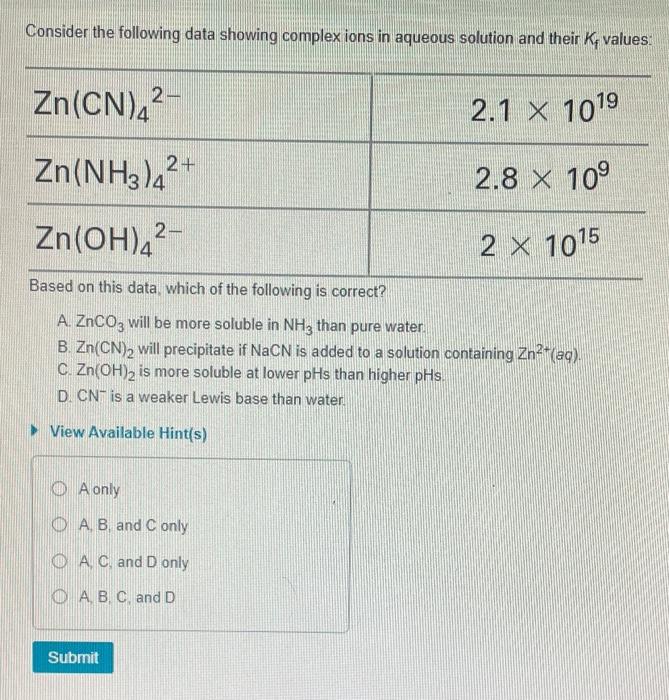 Solved Consider the following data showing complex ions in | Chegg.com