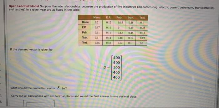 Solved Open Leontief Model Suppose the interrelationships | Chegg.com