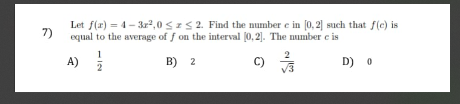 Solved Let f(x)=4-3x2,0≤x≤2. ﻿Find the number c ﻿in 0,2 | Chegg.com
