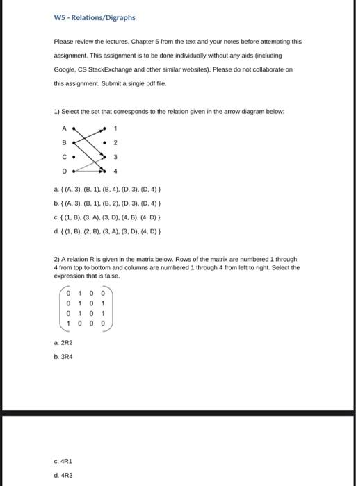 Solved W5 - Relations/Digraphs Please review the lectures, | Chegg.com