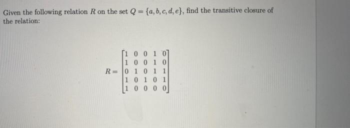 Solved Given the following relation R on the set | Chegg.com