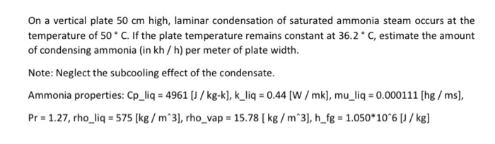 Solved On a vertical plate 50 cm high, laminar condensation | Chegg.com