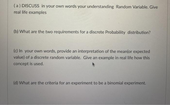 Solved (a) DISCUSS in your own words your understanding | Chegg.com