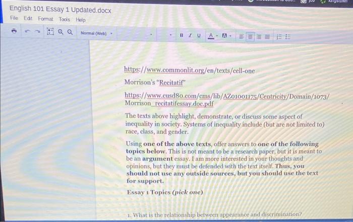 English 101 Essay 1: Writing Guidelines and | Chegg.com