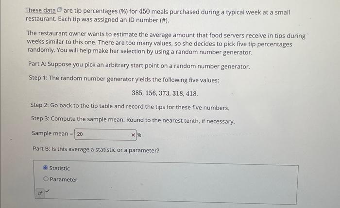 These data are tip percentages (\%) for 450 meals | Chegg.com
