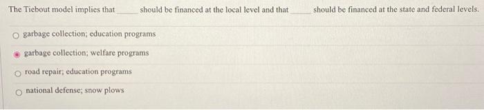 Solved The tiebout model implies that ____ should be | Chegg.com