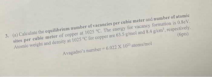Solved 3. (a) Calculate the equilibrium number of vacancies | Chegg.com