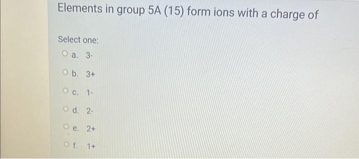 Solved Elements in group 5A(15) form ions with a charge of | Chegg.com