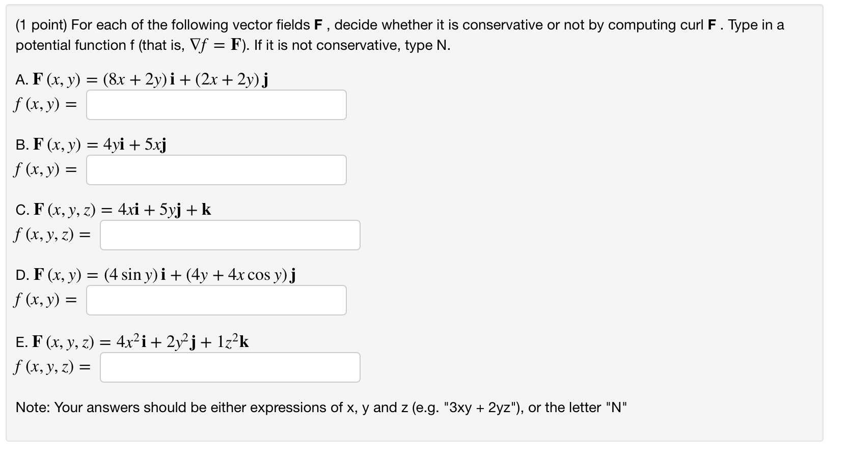 Solved (1 ﻿point) ﻿For each of the following vector fields | Chegg.com
