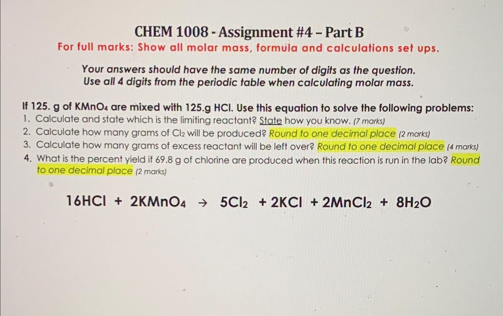Solved CHEM 1008 - ﻿Assignment #4 - ﻿Part BFor full marks: | Chegg.com