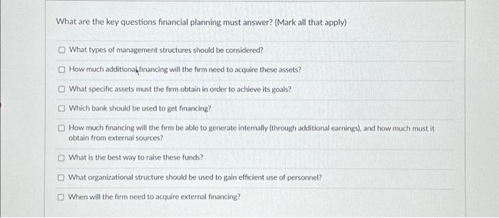 Solved What are the key questions financial planning must | Chegg.com