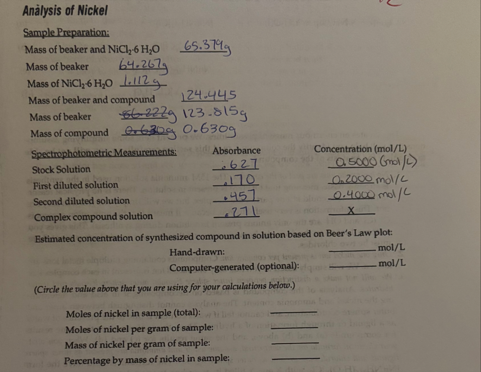 Anàlysis of NickelSample Preparation:Estimated | Chegg.com