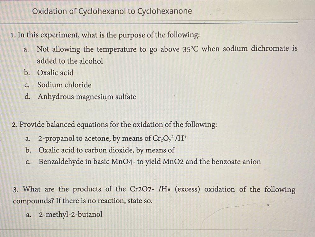 Solved Oxidation of Cyclohexanol to Cyclohexanone 1. In this | Chegg.com