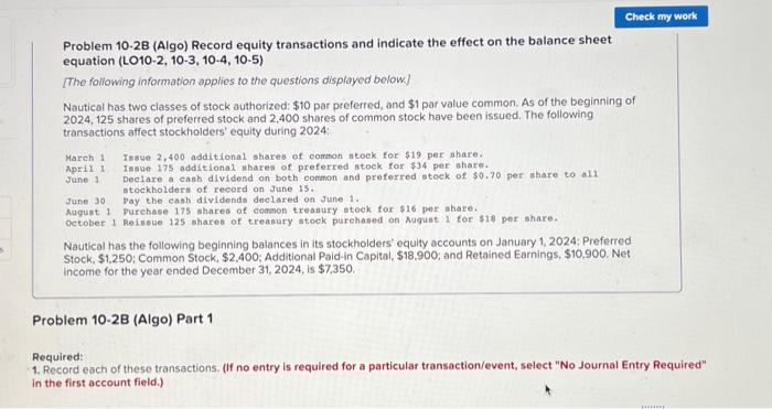 Solved Problem 10-2B (Algo) Record equity transactions and | Chegg.com