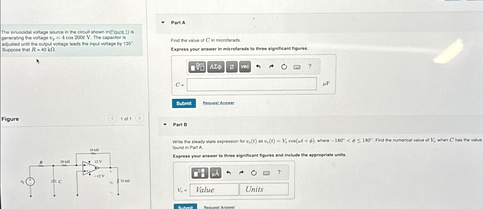 Solved Part AThe sinusoidal voltage source in the circuit | Chegg.com