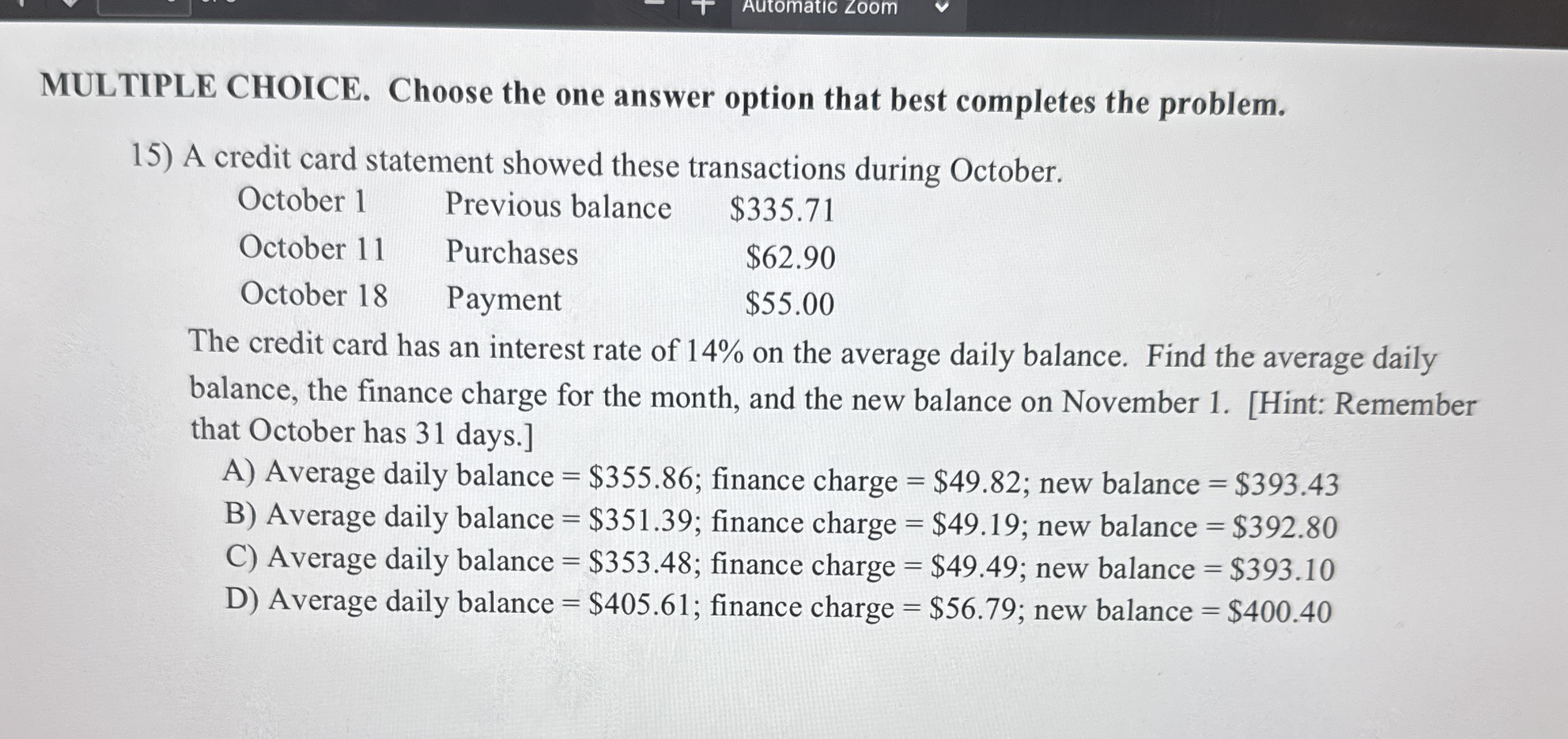 Solved MULTIPLE CHOICE. Choose the one answer option that | Chegg.com