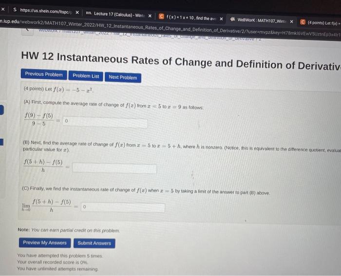 Solved HW 12 Instantaneous Rates of Change and Definition of | Chegg.com