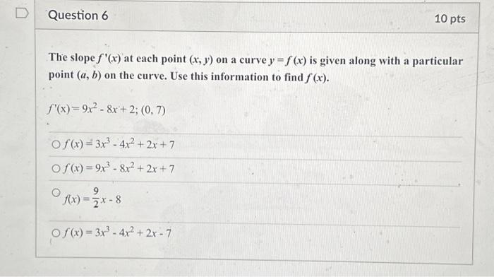 Solved Question 6 The slope f'(x) at each point (x, y) on a | Chegg.com