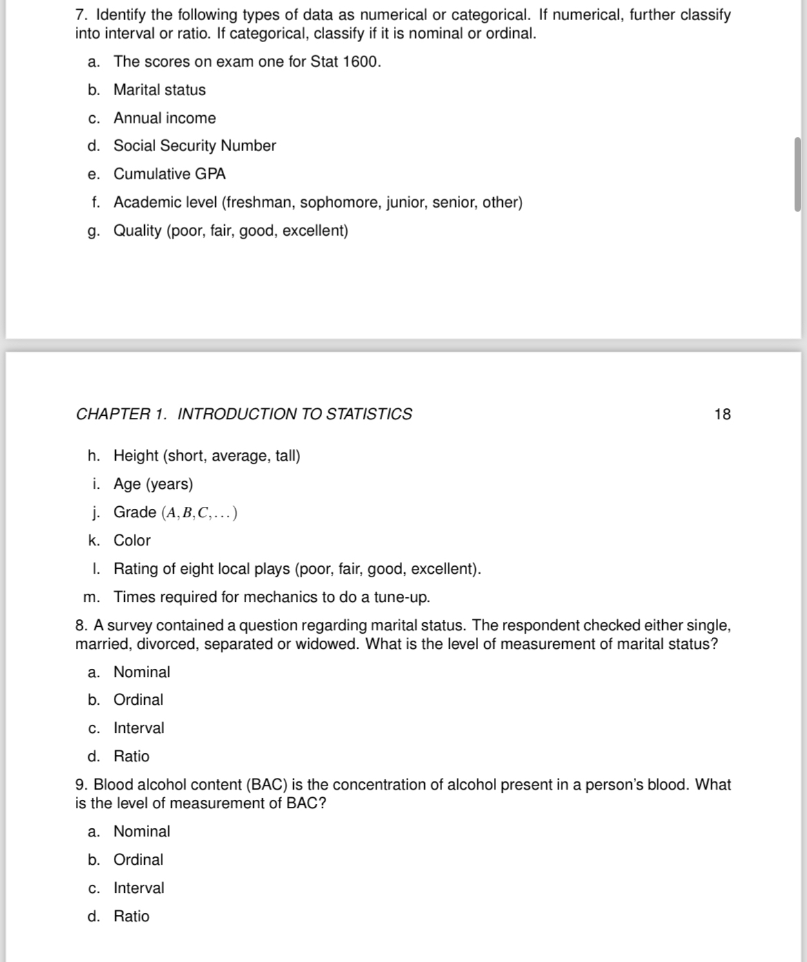 Solved Identify the following types of data as numerical or | Chegg.com