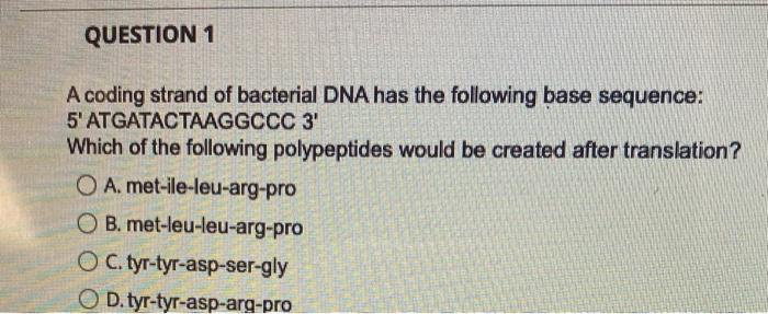 Solved A coding strand of bacterial DNA has the following | Chegg.com