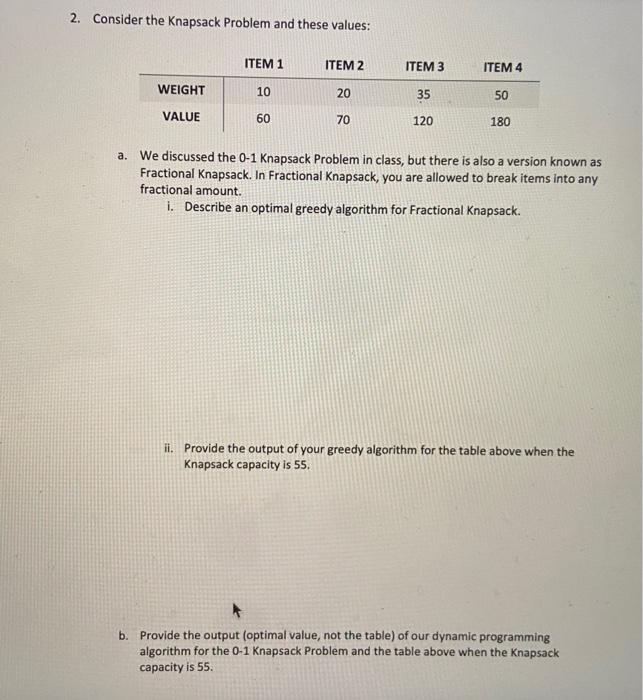 Solved 2. Consider the knapsack Problem and these values: | Chegg.com