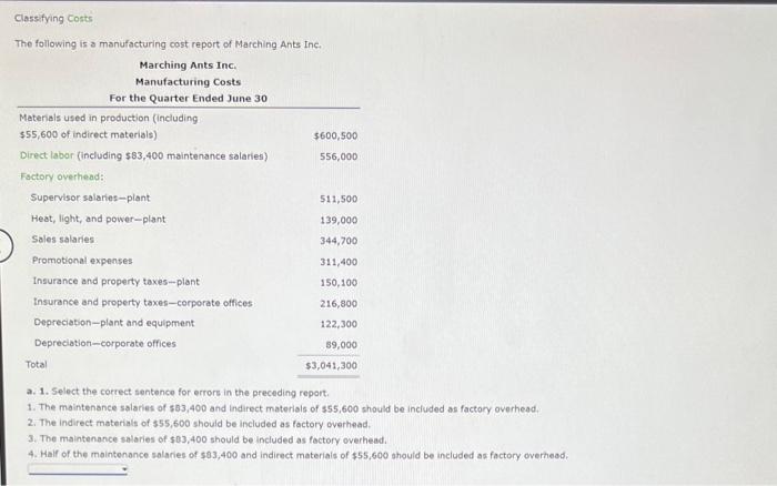 Solved Classifying Costs The following is a manufacturing | Chegg.com