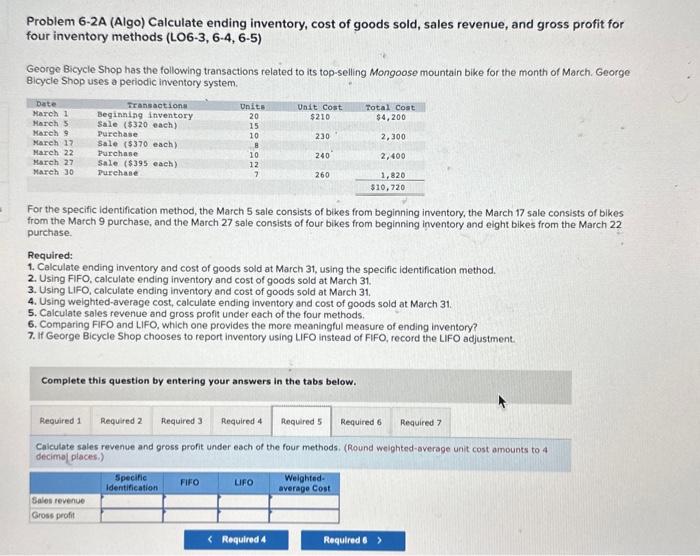 Solved Problem 6-2A (Algo) Calculate ending inventory, cost | Chegg.com