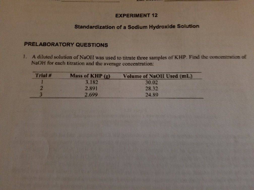 Solved EXPERIMENT 12 Standardization of a Sodium Hydroxide | Chegg.com