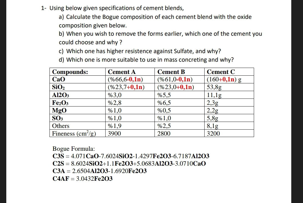 Solved 1- ﻿Using below given specifications of cement | Chegg.com