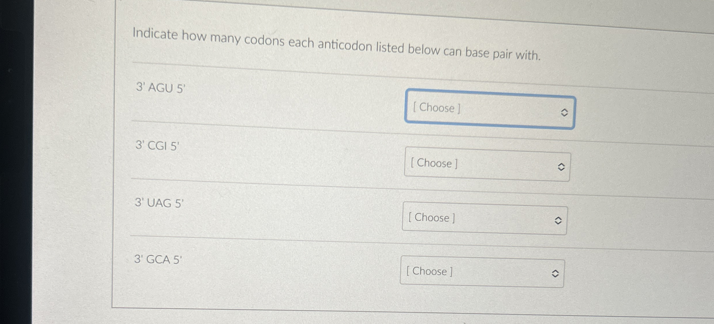 Solved Indicate how many codons each anticodon listed below | Chegg.com