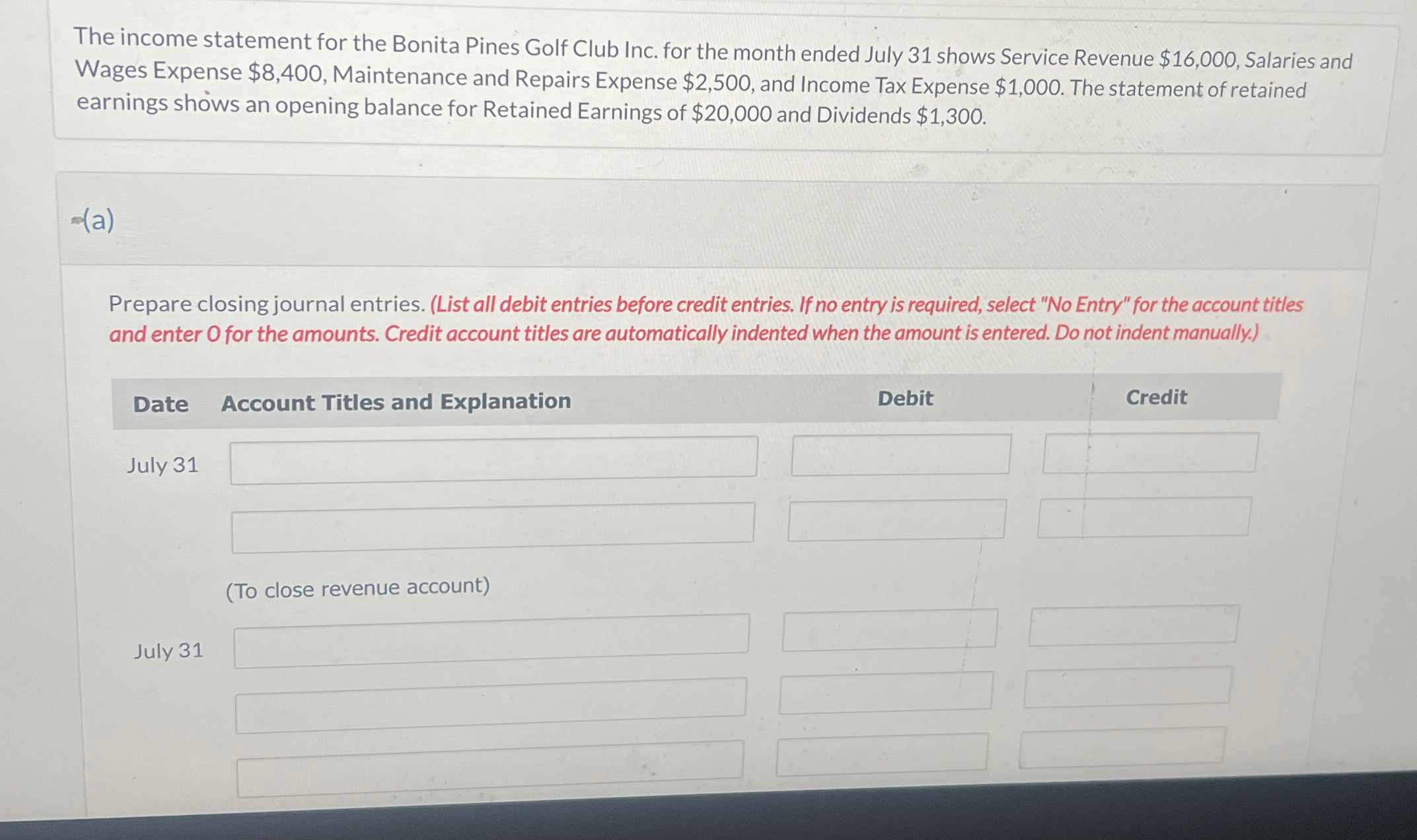 Solved The income statement for the Bonita Pines Golf Club | Chegg.com