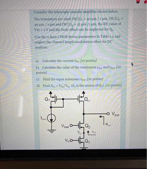 Consider the telescopic cascode amplifier shown | Chegg.com